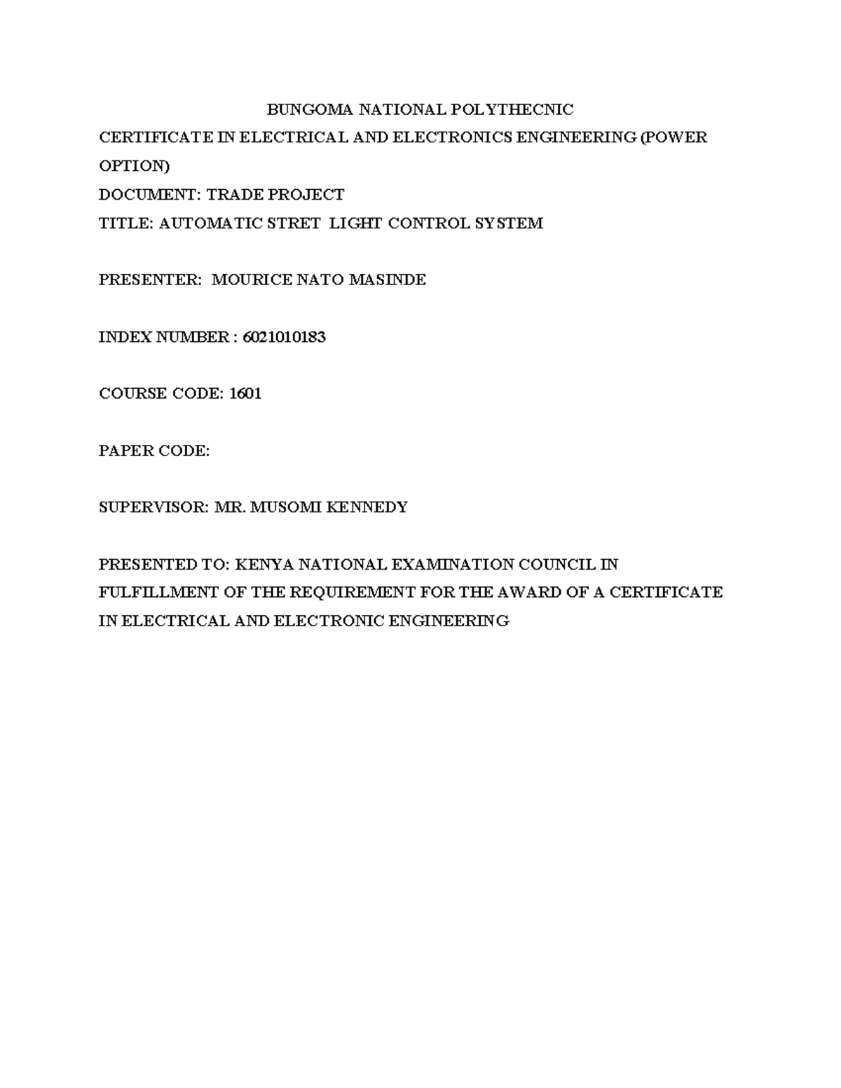 Automatic Street Light Control System - Trade Project (Course Code ...