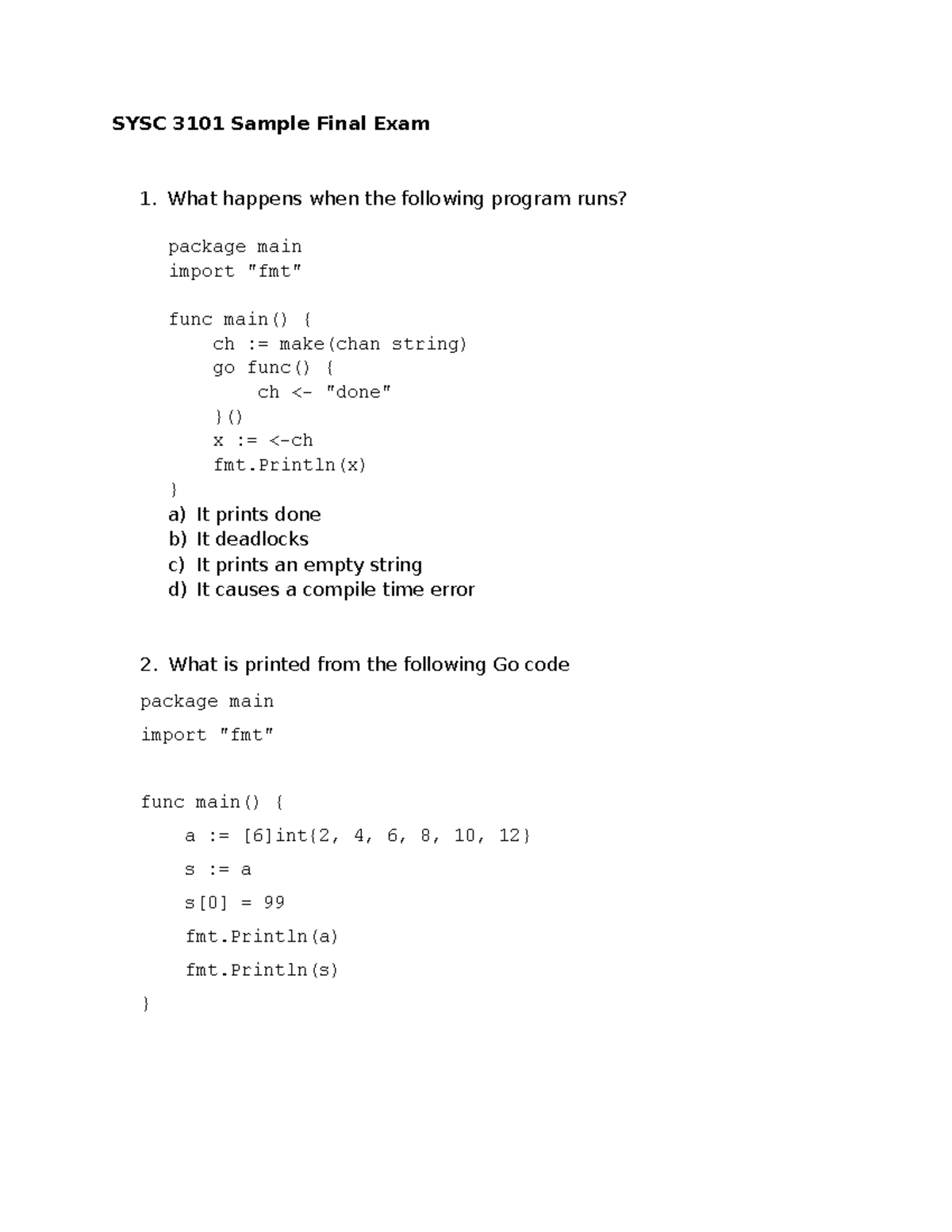 SYSC 3101 Sample Final Exam Questions and Answers - Studocu
