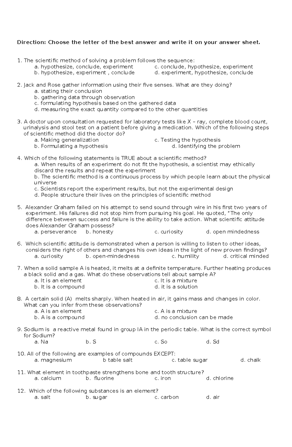 Summative test grade 7- 2020-2021 - Direction: Choose the letter of the ...
