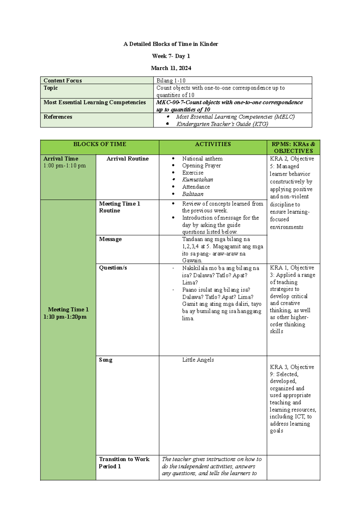 Kinder Week 7: Detailed Time Blocks for Learning Activities - Studocu