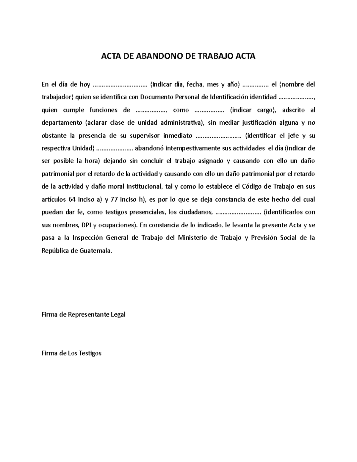 Acta de Abandono de Trabajo: Modelo y Procedimiento Legal - Studocu