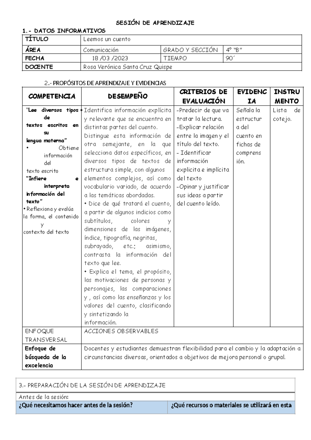 SESION DE APRENDIZAJE: LEEMOS UN CUENTO - GRADO 2 - Studocu