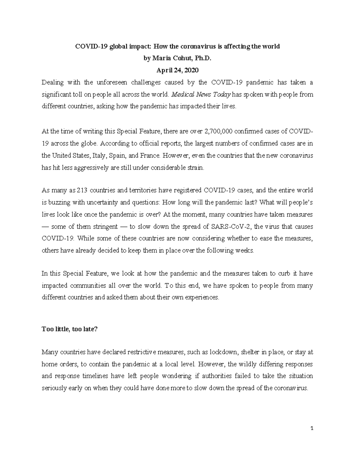 Cohut COVID-19 Global Impact: How the Pandemic Affects Lives Worldwide ...