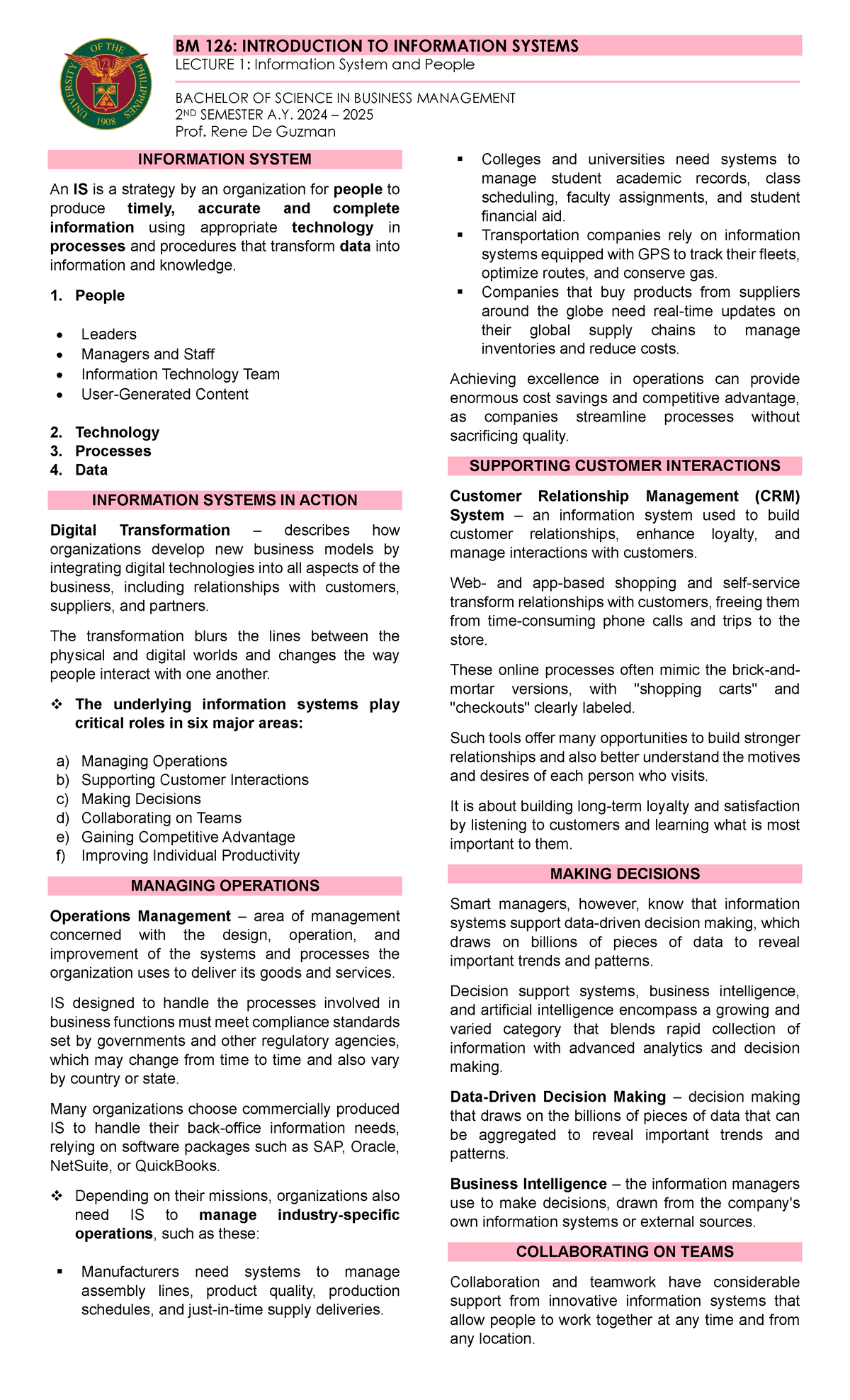 Lecture 1 Information System And People Bm 126 Introduction To Information Systems Lecture