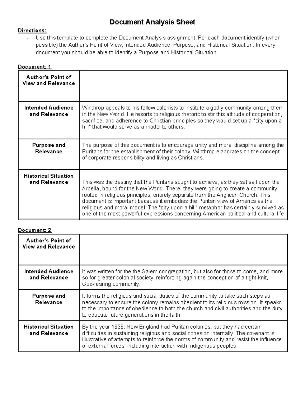 Document Analysis Sheet for Historical Documents (Course Code: HIST101 ...
