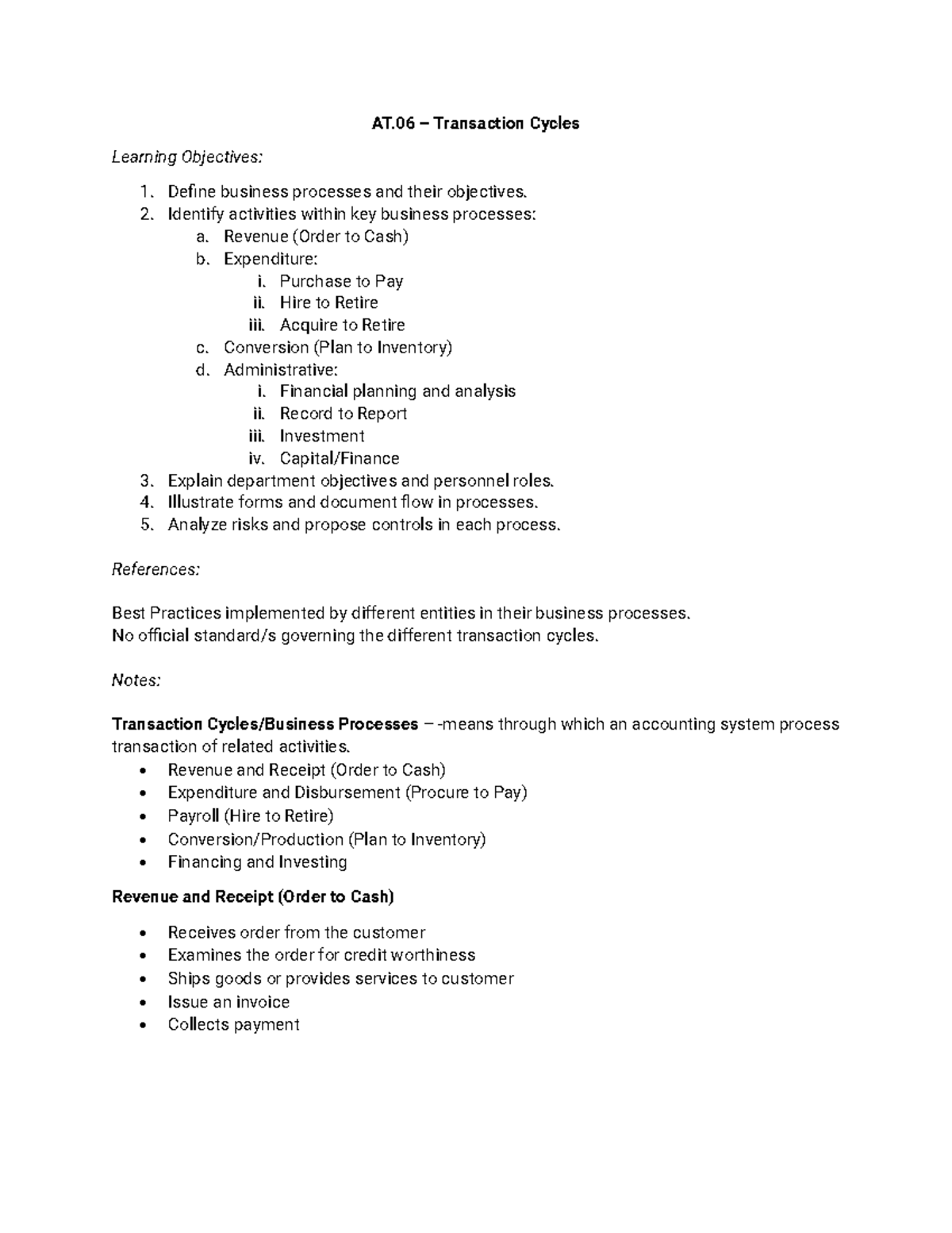 AT - AUDIT THEORY NOTES ON TRANSACTION CYCLES AND CONTROLS - Studocu