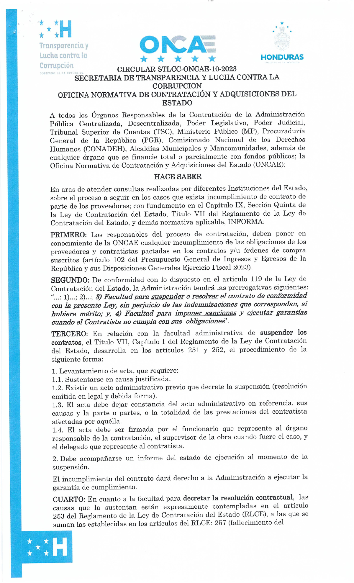 Circular ONCAE-010-2023 sobre Incumplimiento de Contratos en Honduras ...