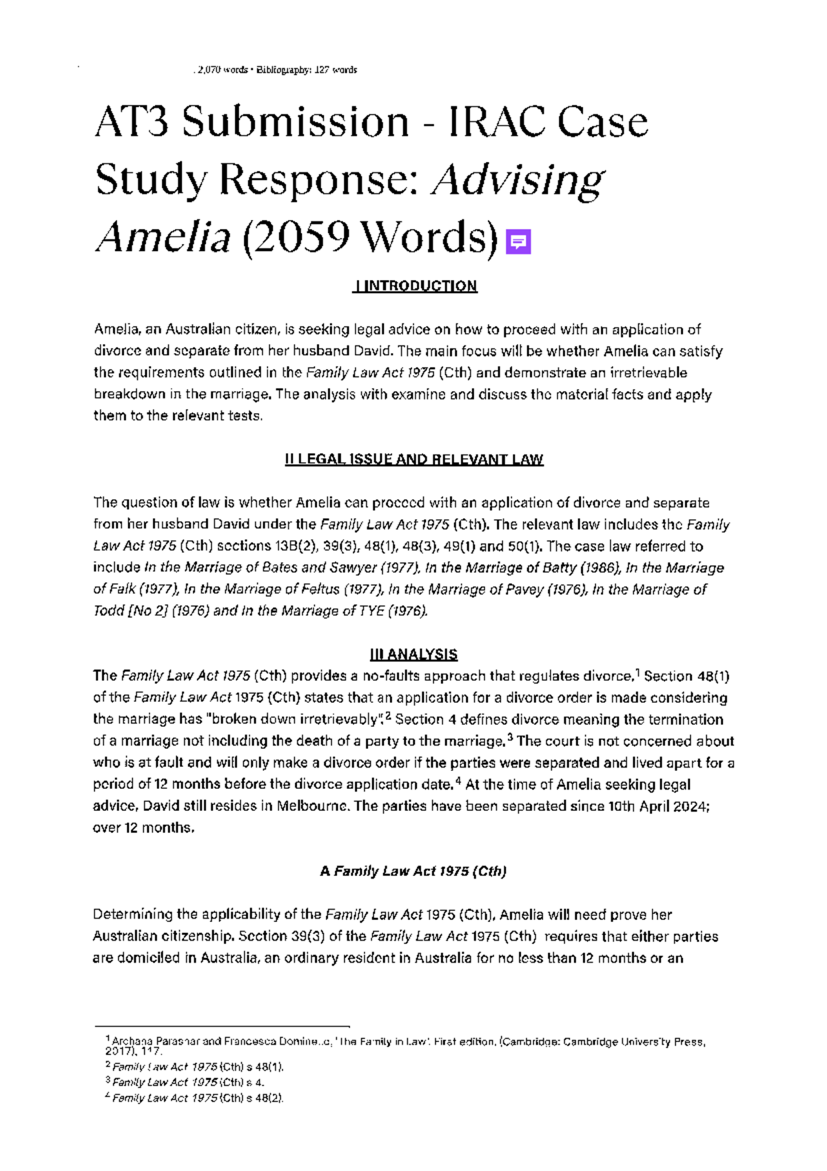 LAWS104 AT3 Case Study: Divorce Application for Amelia under Family Law ...