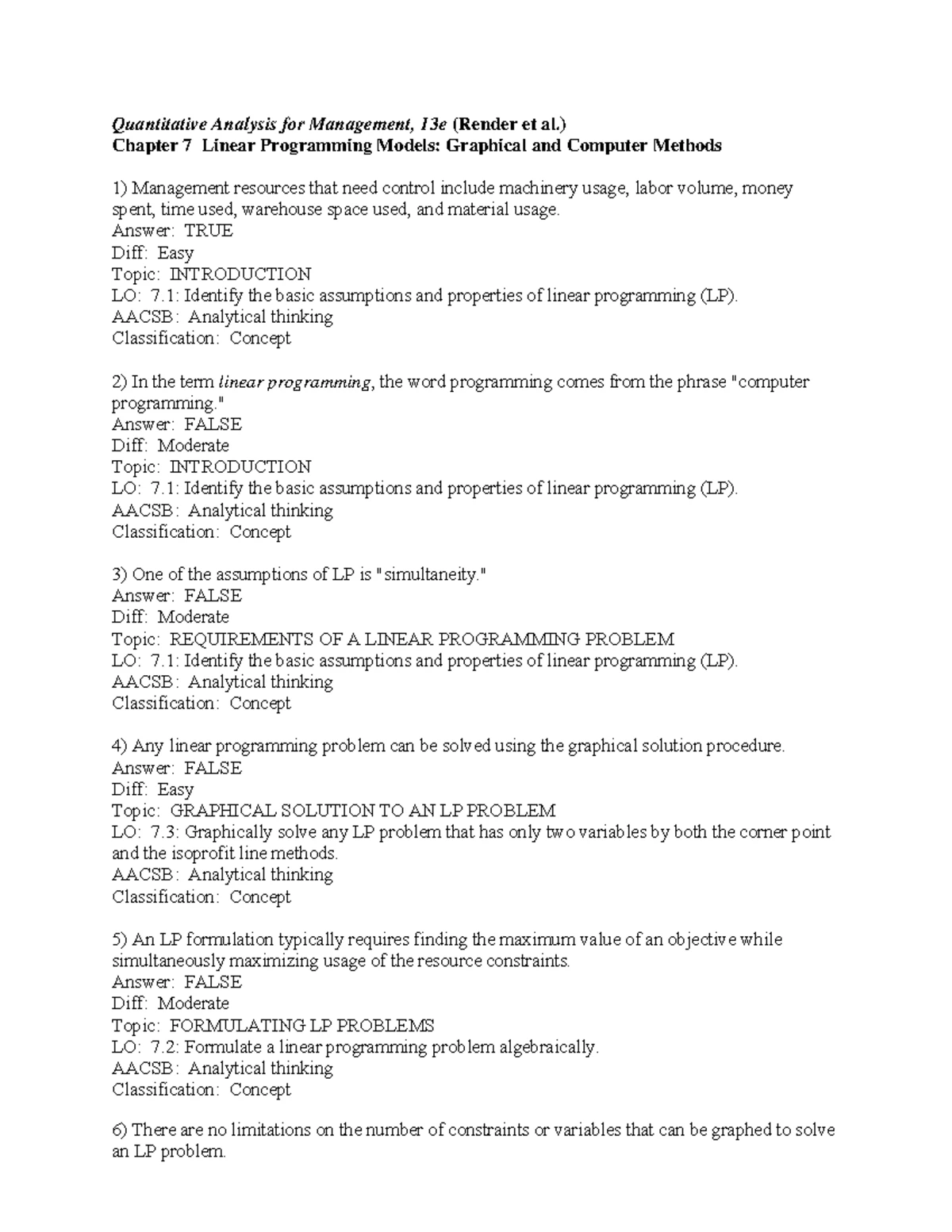 Chapter 3 - Test bank - Quantitative Analysis for Management, 13e ...