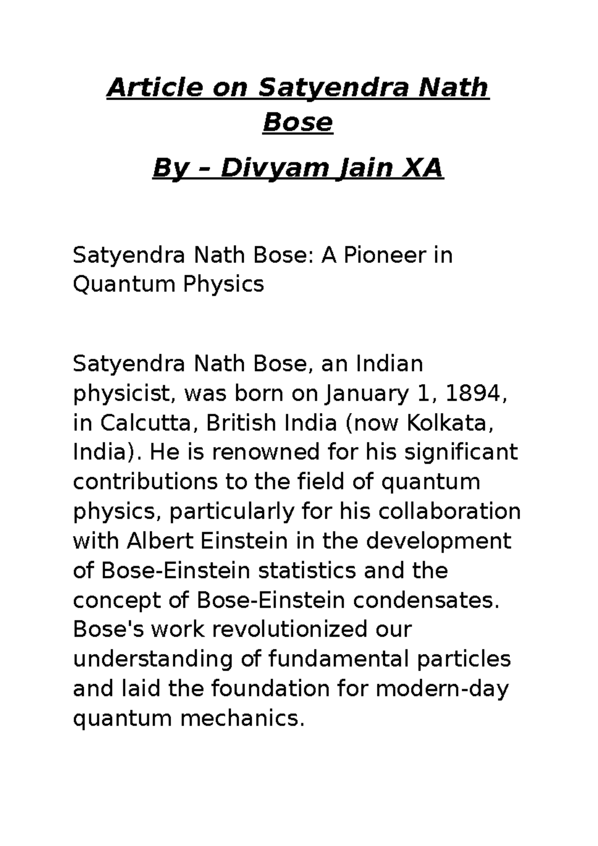 Satyendra Nath Bose: A Quantum Physics Pioneer by Divyam Jain XA - Studocu