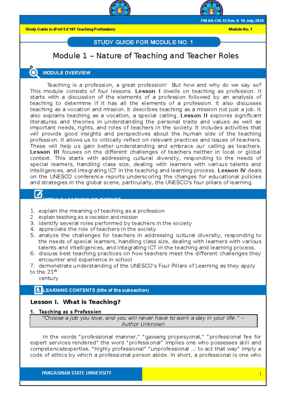 Module 1 Teaching PROF First SEM 2021-22 - Module 1 – Nature of ...