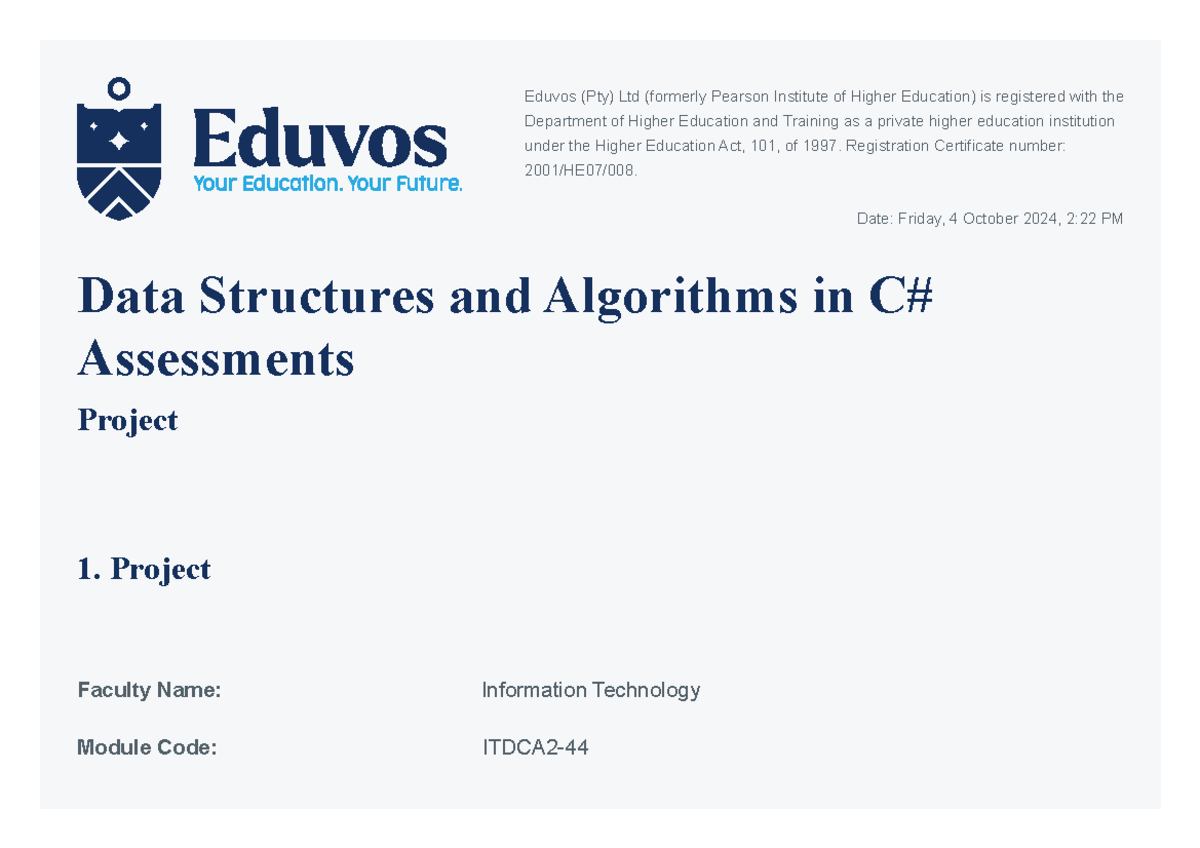 ITDCA2 - Project on Data Structures & Algorithms in C# - Studocu