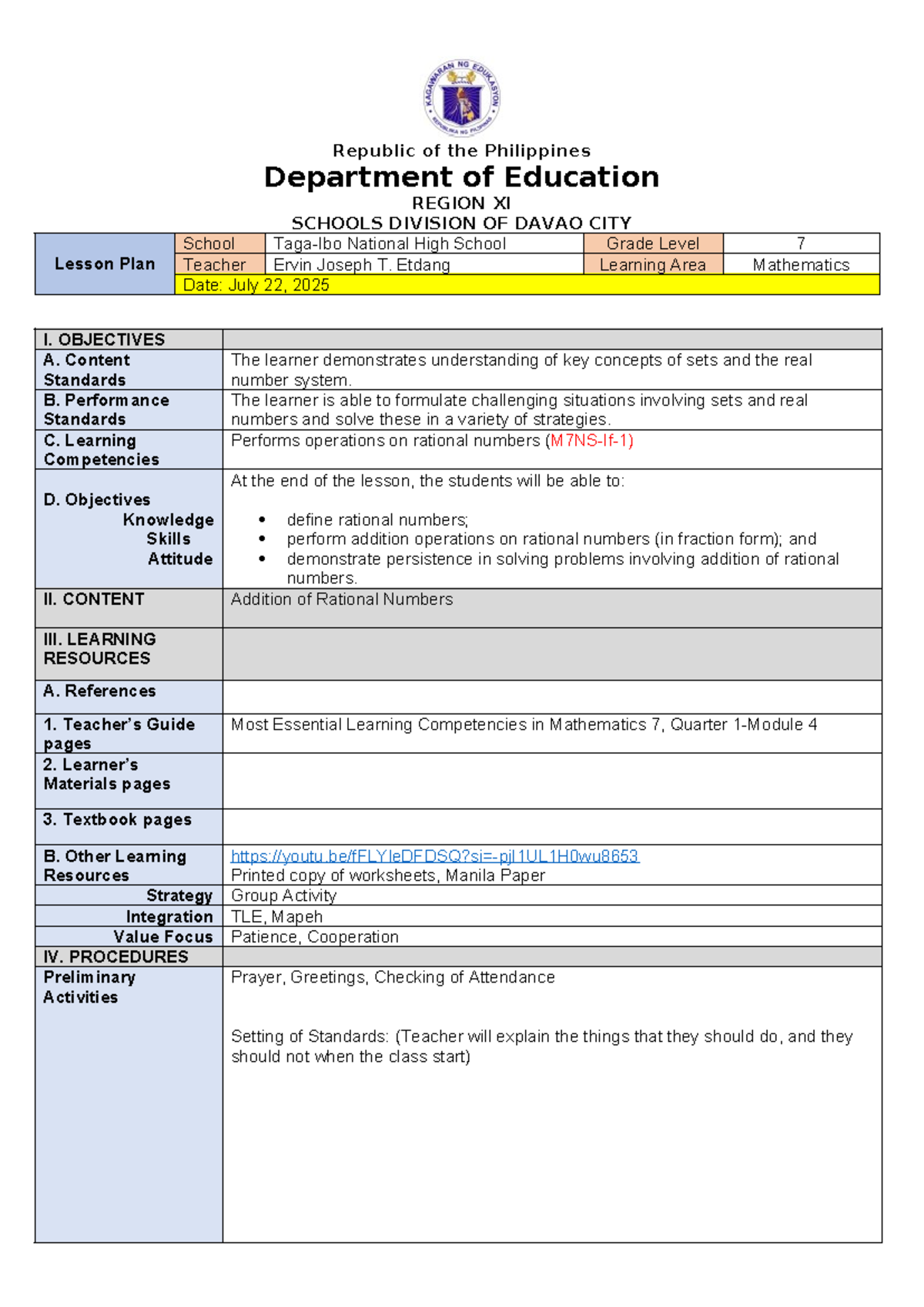 LP Math 8 Q1 - Lesson Plan on Addition of Rational Numbers - Studocu