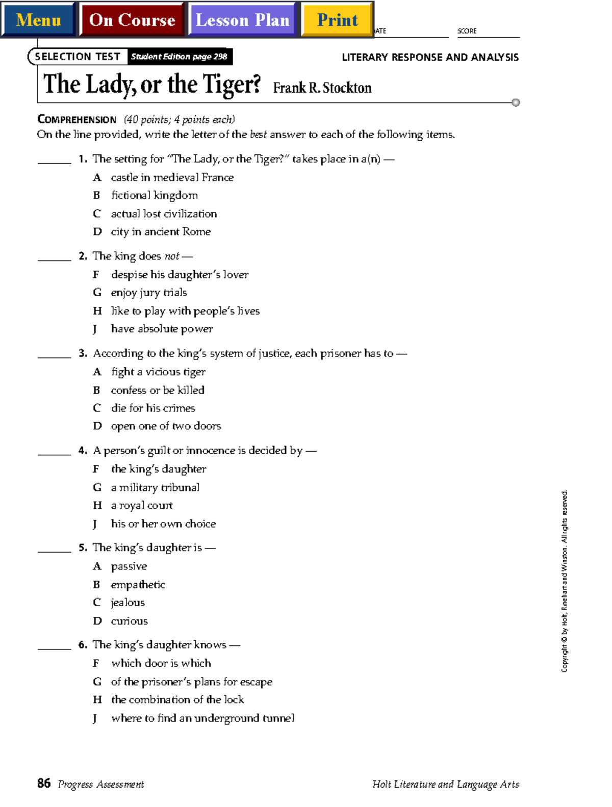 Lady or Tiger? Test - SELECTION TEST Lesson Plan CLASS - Studocu