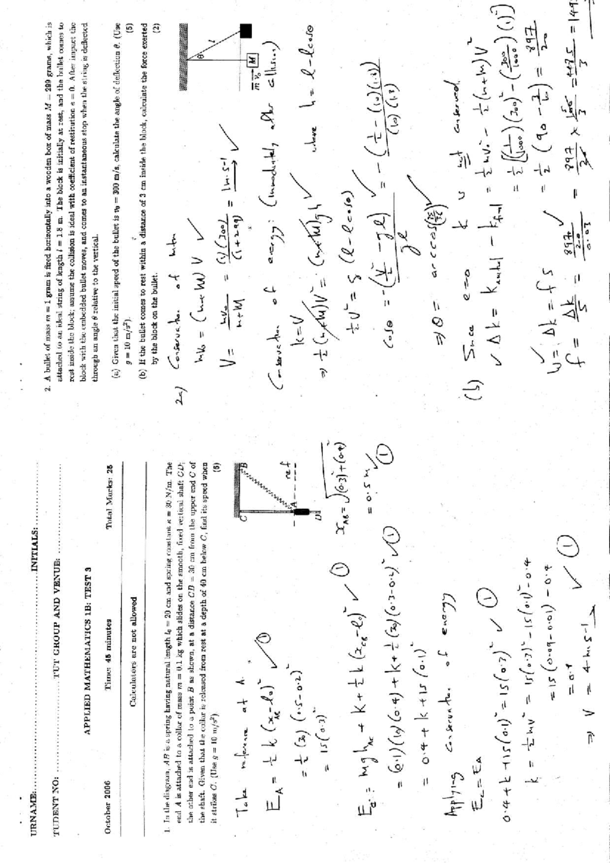 APPLIED MATHEMATICS 1B: TEST 3 - Bullet and Block Dynamics - Studocu