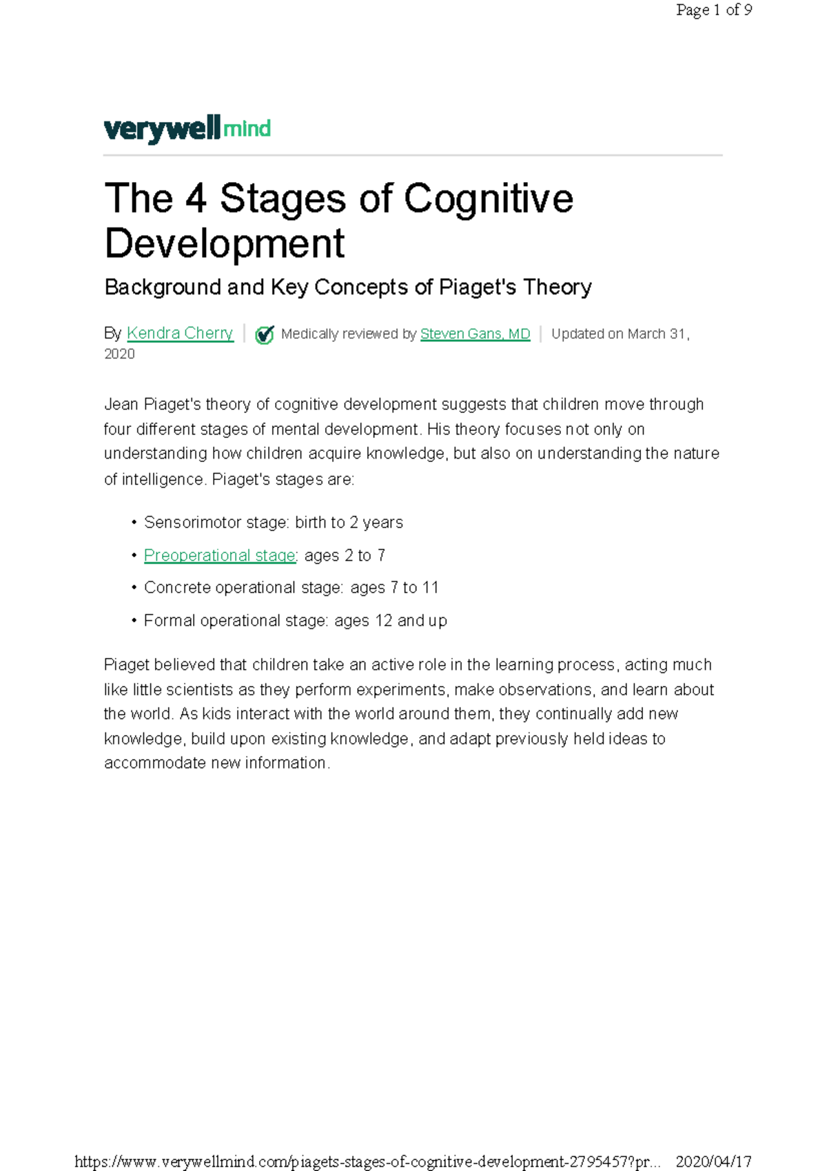 Cognitive Development Stages: Piaget's Theory Overview (PSY 101) - Studocu