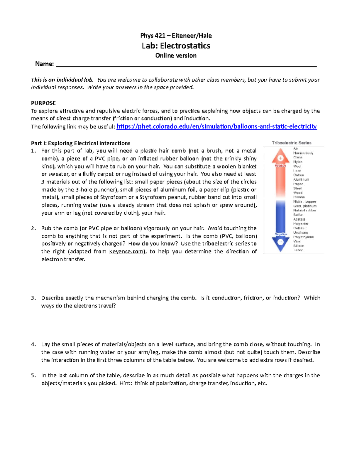 Lab 1 Electrostatics - Electrostatic lab for chem - Phys 421 – Eiteneer ...