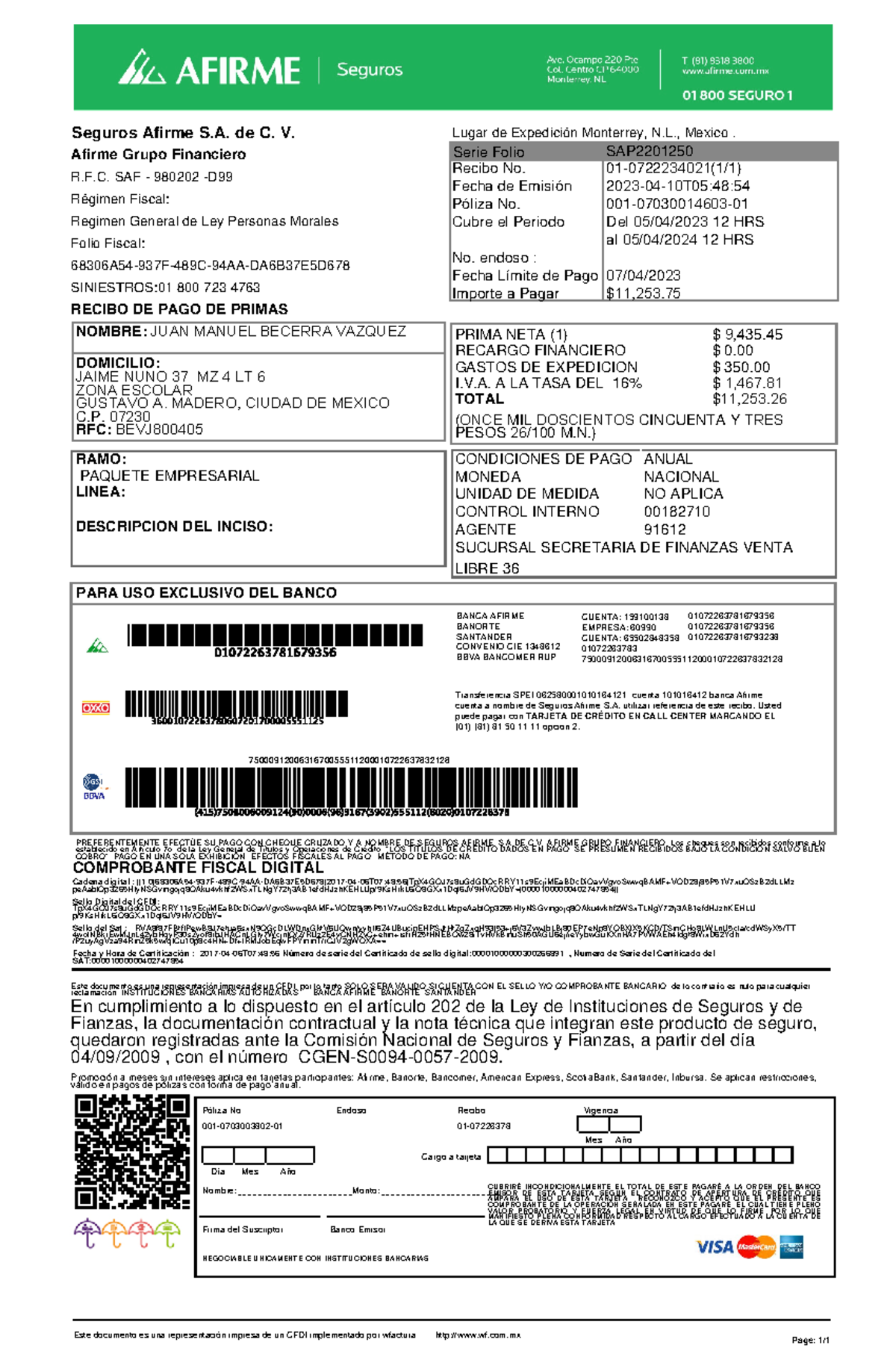 Comprobante Fiscal Digital de Seguros Afirme S.A. 2023 - Studocu