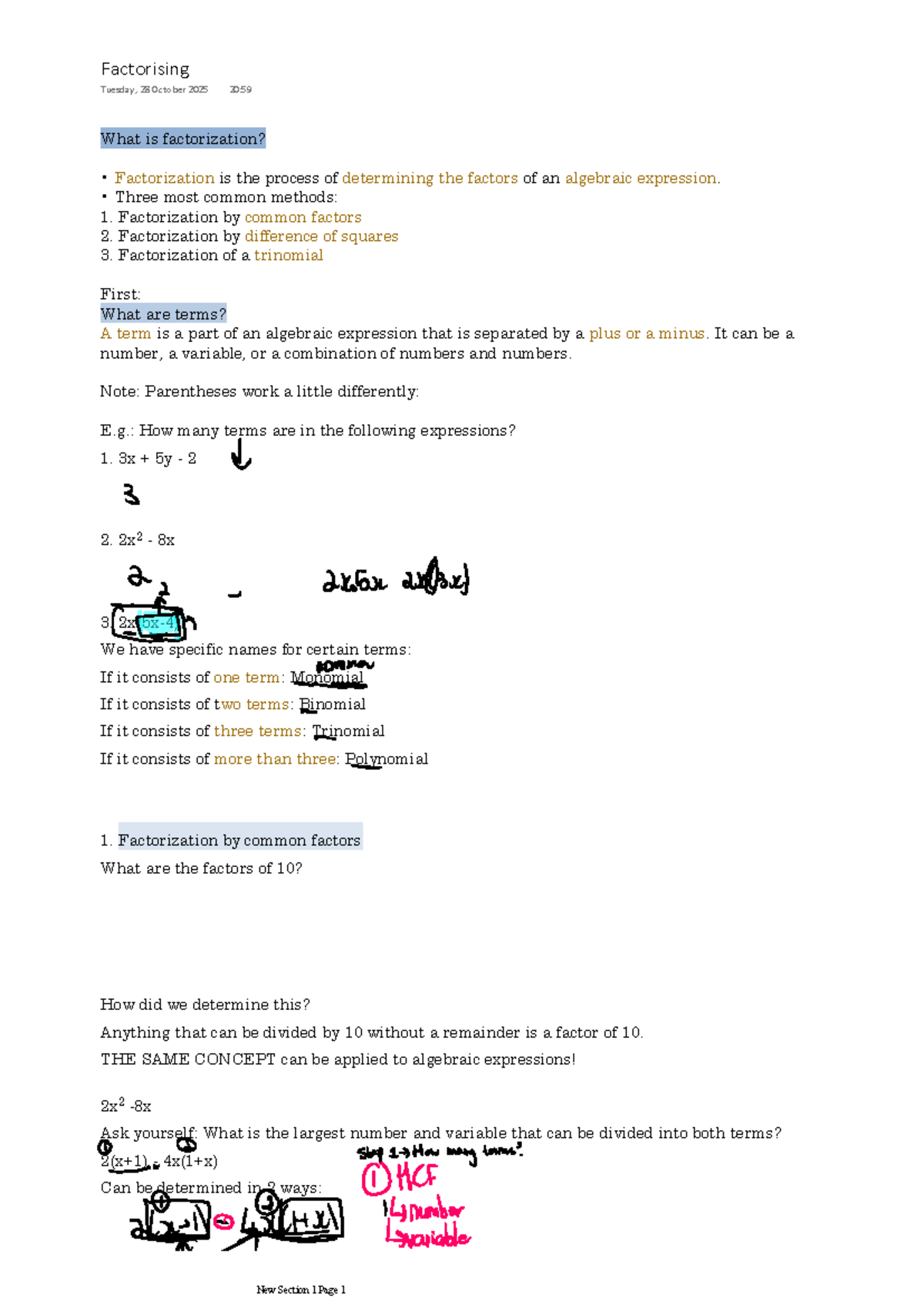 Factorising Notes: Understanding Algebraic Expressions and Methods ...