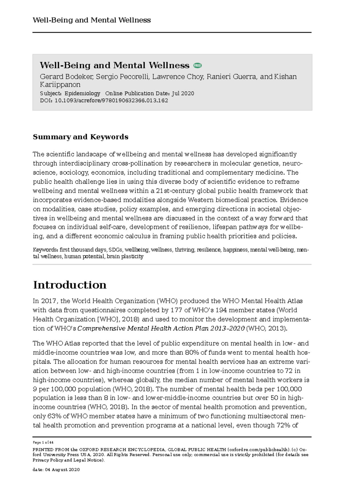 Epidemiology of Well-being and Mental Wellness: Insights from Bodeker ...