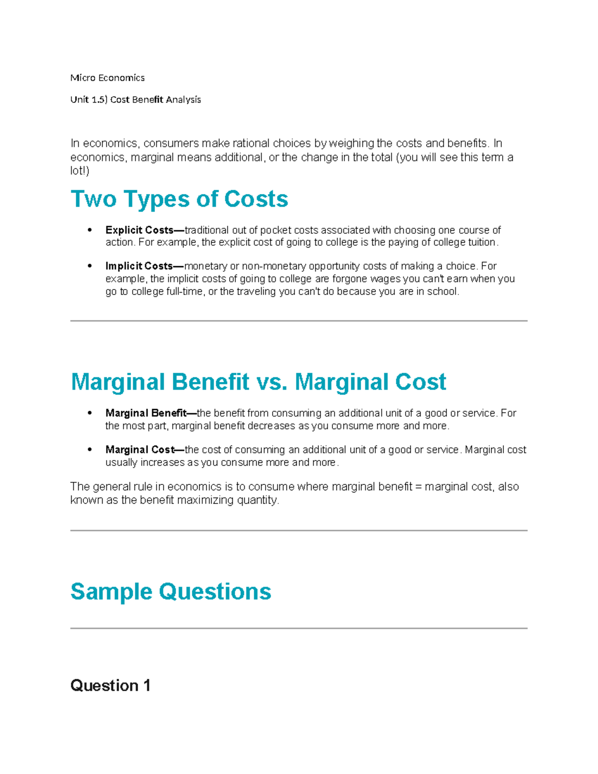 Micro Economics Unit 1.5: Cost-Benefit Analysis & Marginal Analysis ...