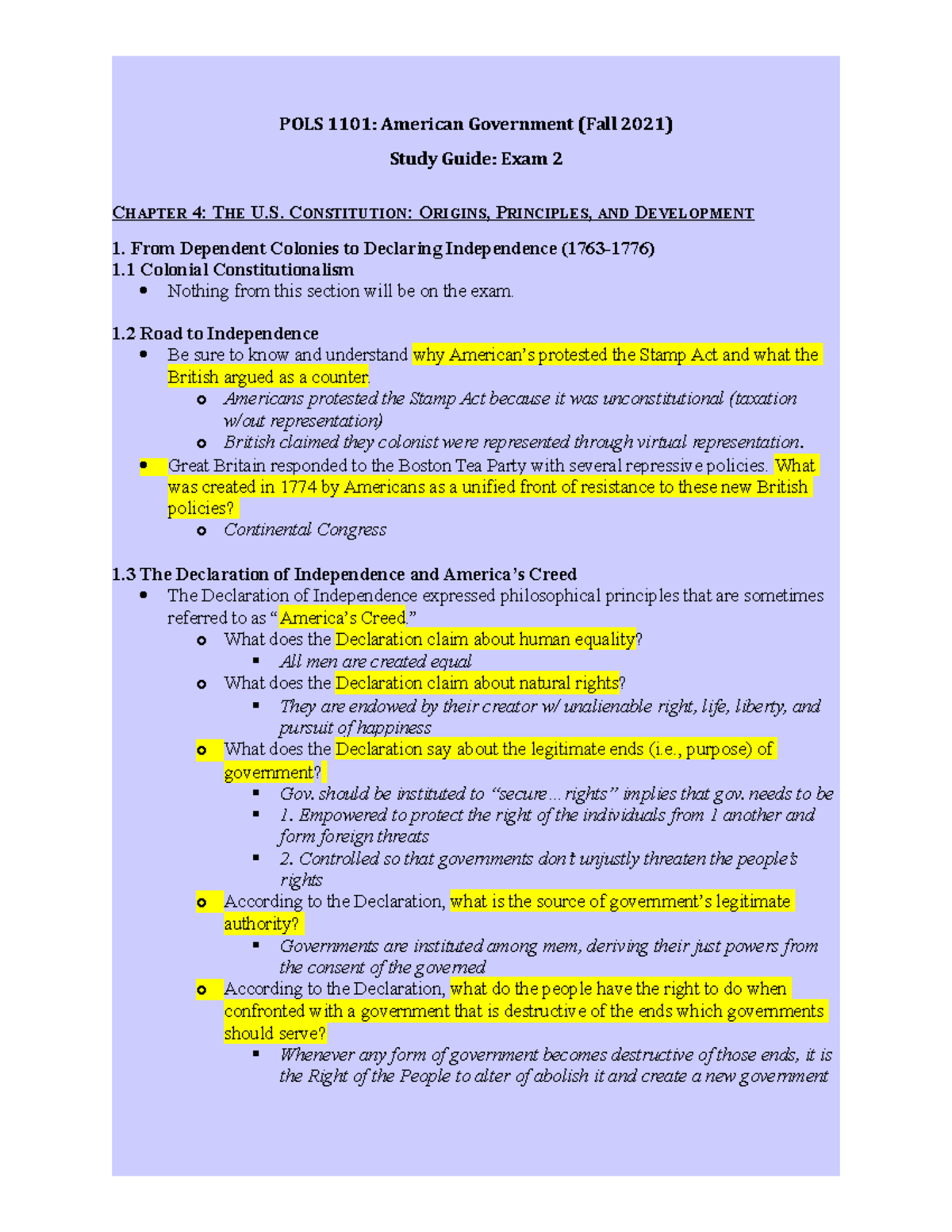 American Government Exam 2 Study Guide - POLS 1101: American Government ...