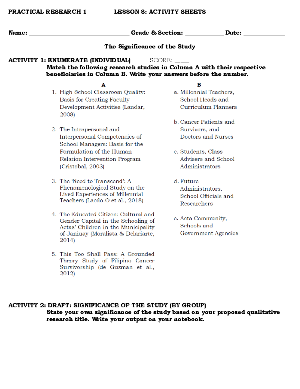 PR 1 LESSON 8: ACTIVITY SHEETS & SIGNIFICANCE OF STUDY - Studocu