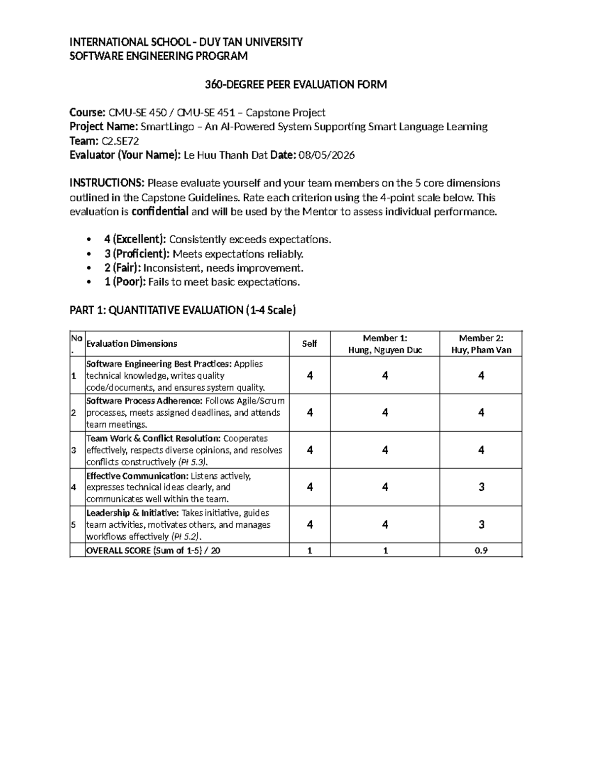 Peer Evaluation Form for Capstone Project 450 451: SmartLingo - Studocu
