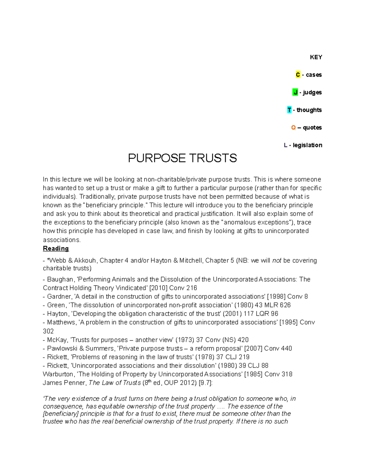 Lecture on Non-Charitable Purpose Trusts (LAW123) - Studocu