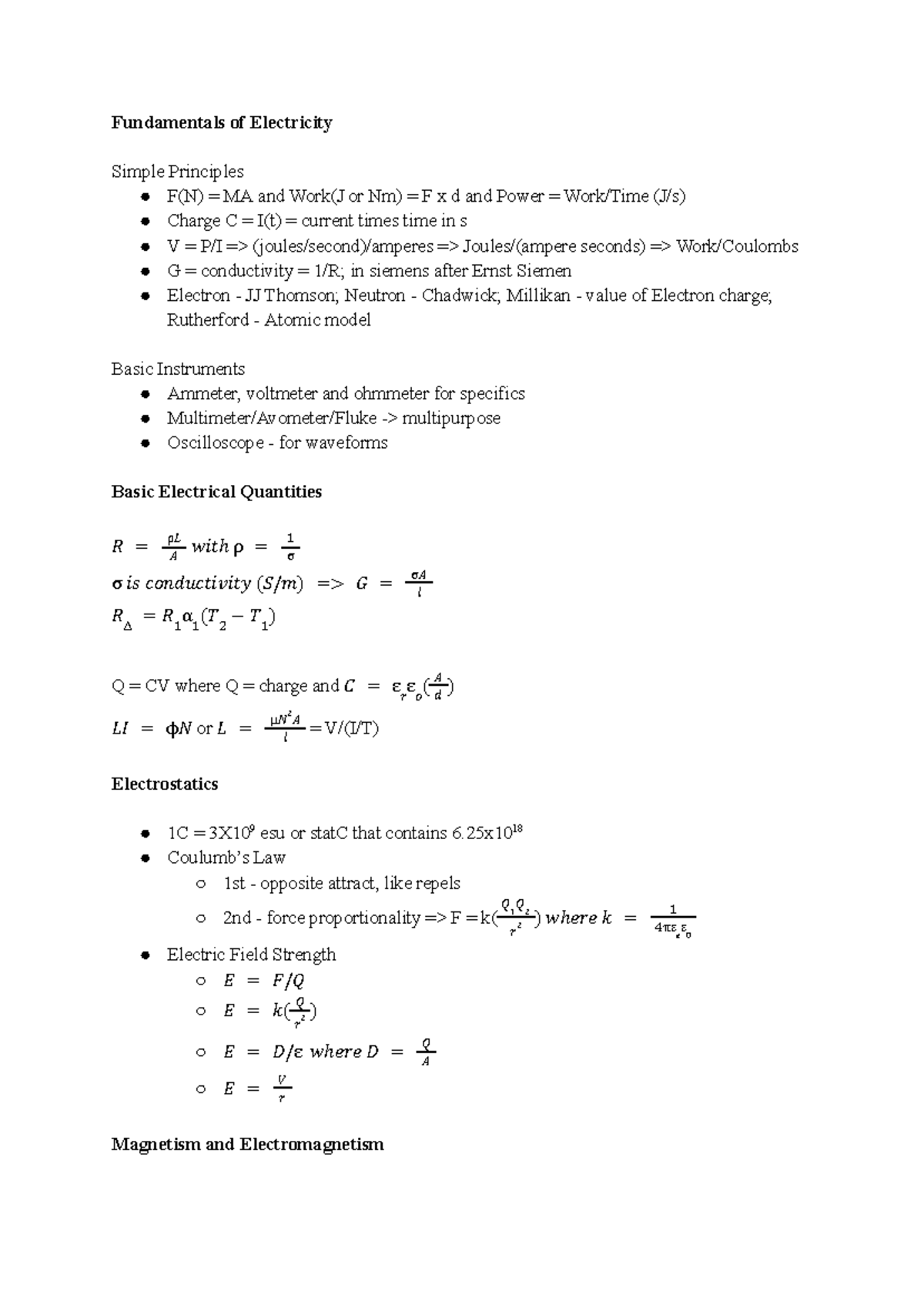 Fundamentals of Electricity and Electronics: Key Concepts and Formulas - Studocu