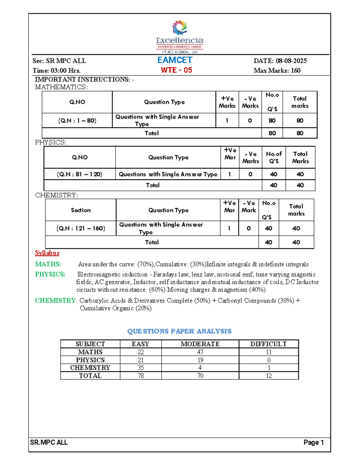 SR MPC ALL EAMCET WTE 05 Question Paper & Answer Key 2025 - Studocu