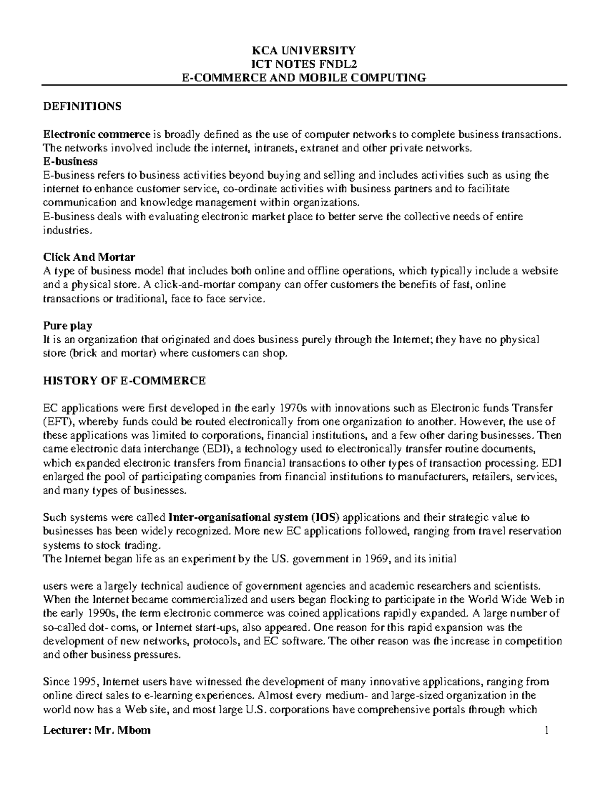 E-COMMERCE: INTRODUCTION TO ICT IN BUSINESS - KCA UNIVERSITY NOTES ...