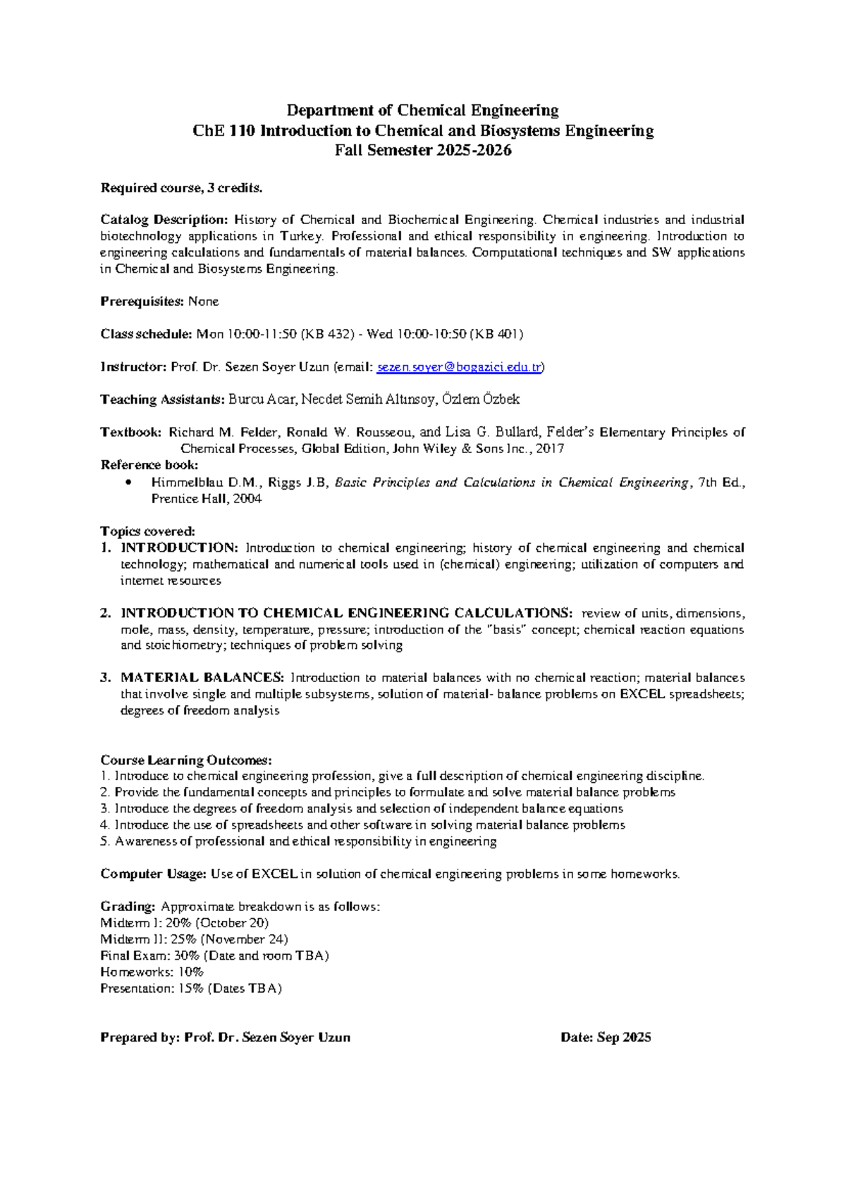 ChE 110 Syllabus: Intro to Chemical & Biosystems Eng. Fall 2025 - Studocu