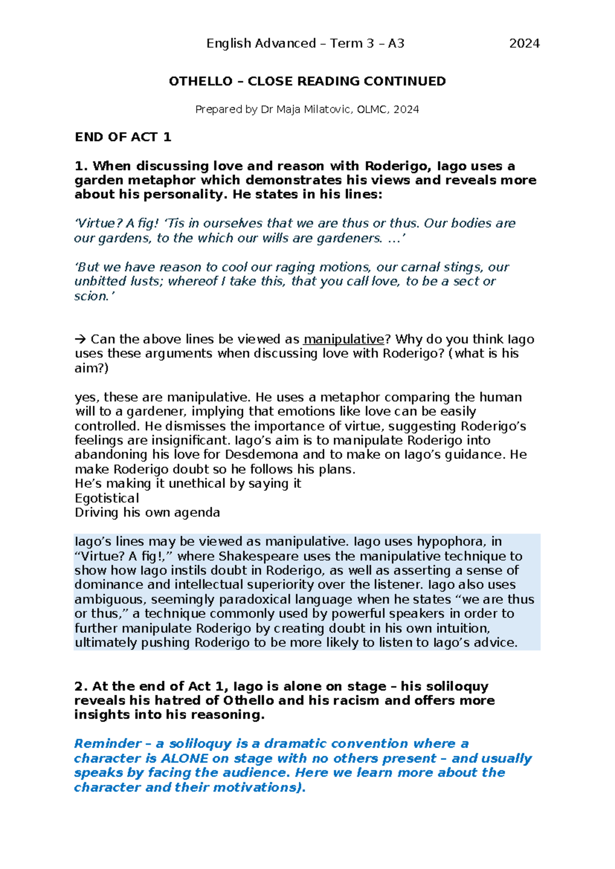 English Advanced Term 3 A3 2024 OTHELLO CLOSE READING ACT 2 ANALYSIS ...