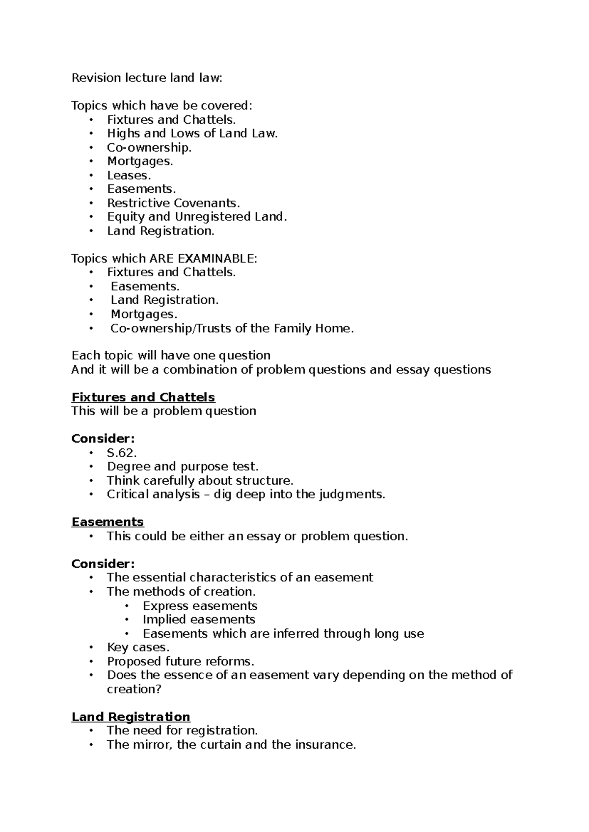 Revision Lecture on Land Law: Key Topics & Exam Focus (LLB 101) - Studocu