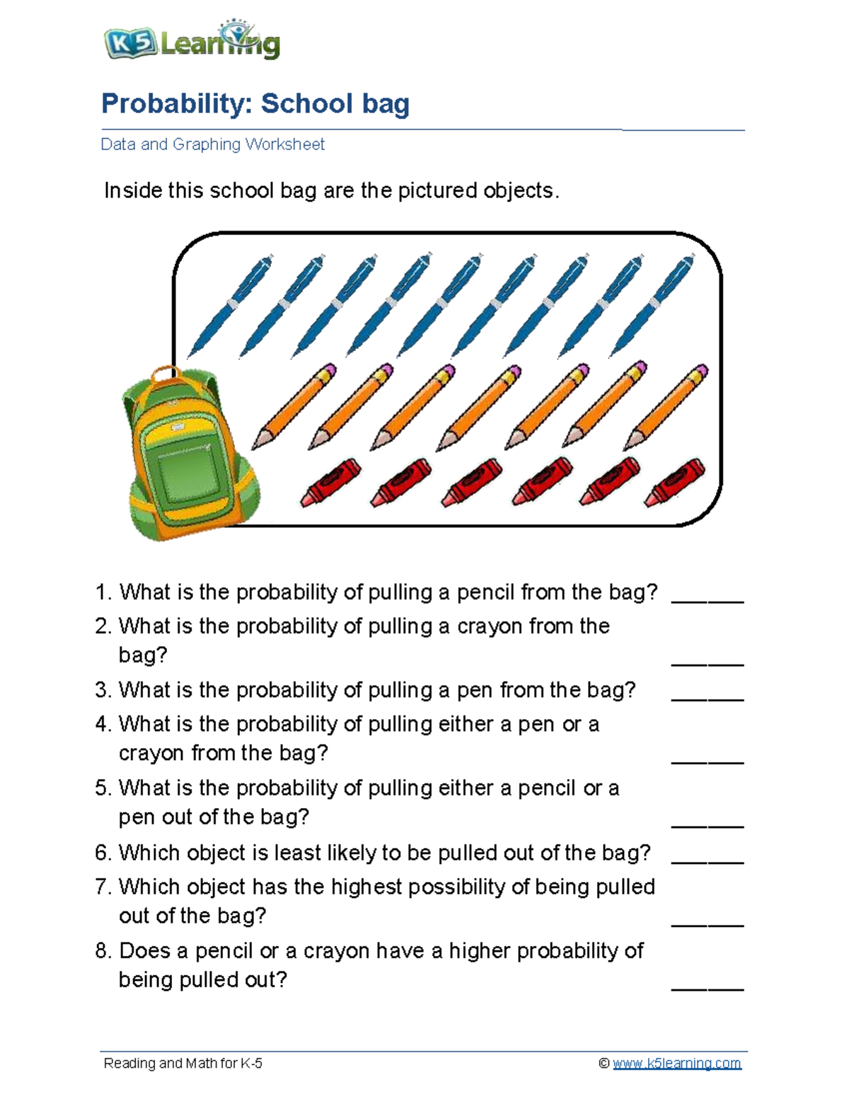Grade 4 Probability: School Bag Data & Graphing Worksheet - Studocu