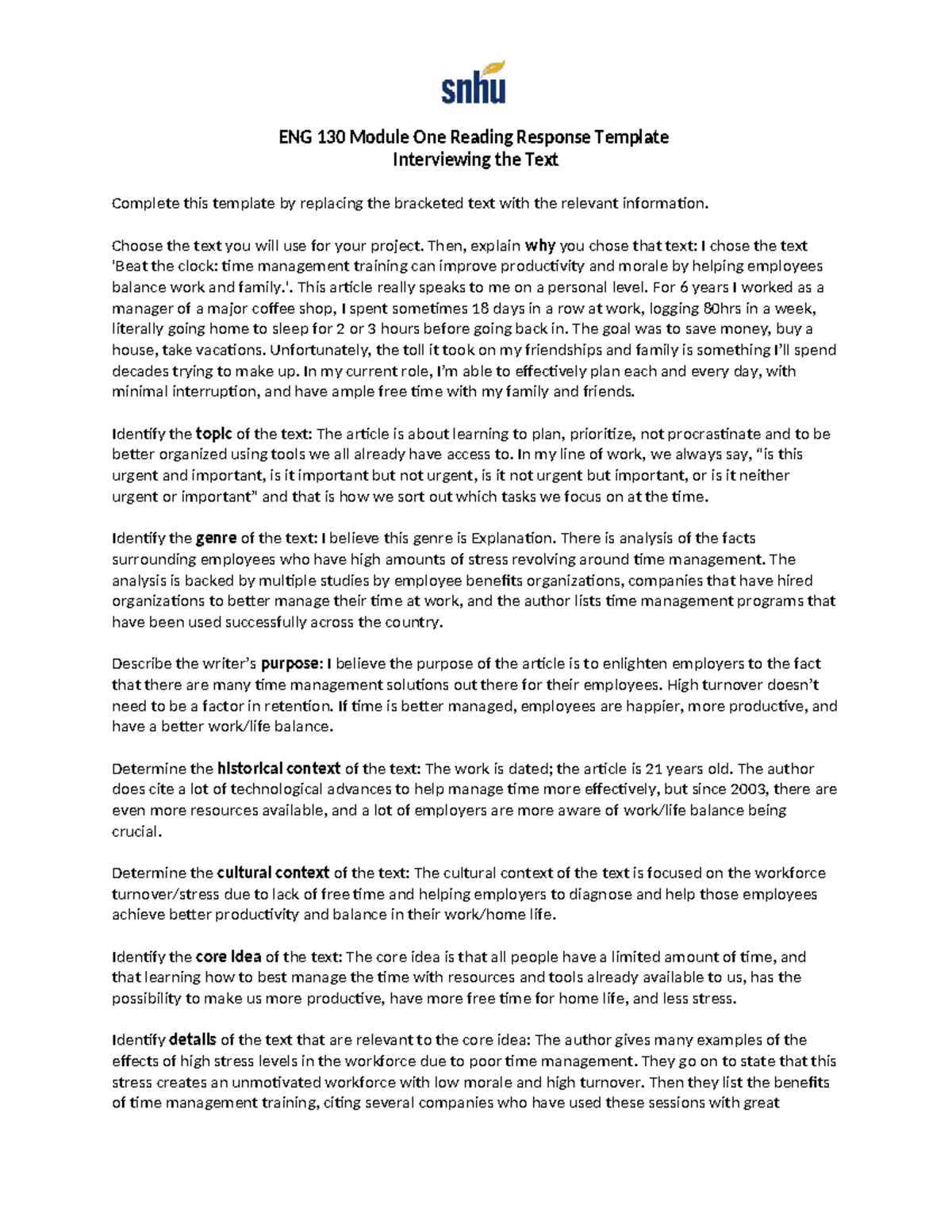ENG 130 Module One Reading Response: Time Management Insights - Studocu
