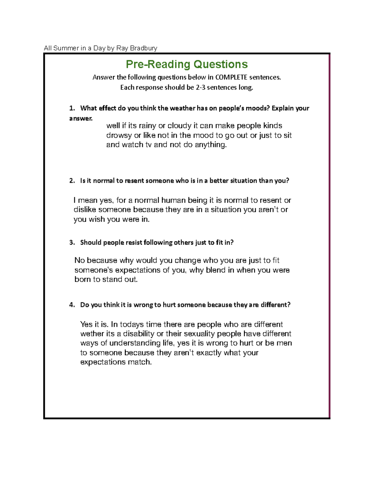 All Summer in a Day Worksheet - All Summer in a Day by Ray Bradbury Pre ...