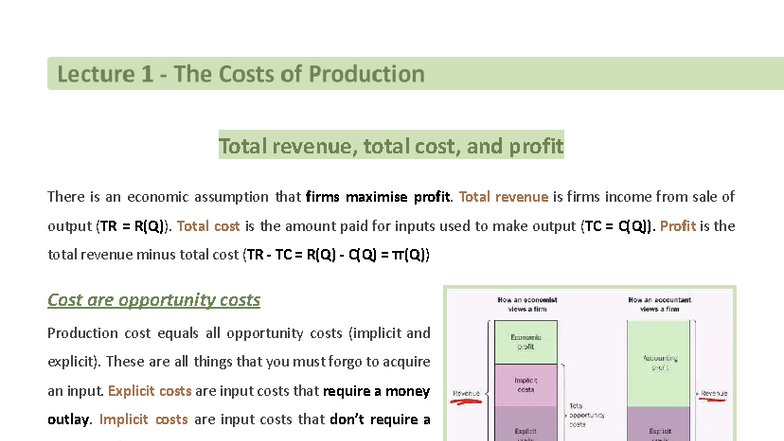 EfB2 Lecture 1: Costs of Production, Revenue, and Profit Analysis - Studocu