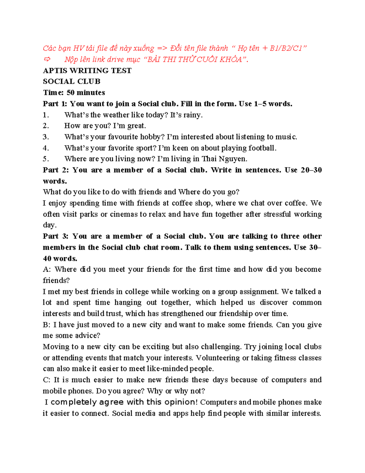 APTIS Writing Test: Social Club Suggestions & Activities (B2) - Studocu