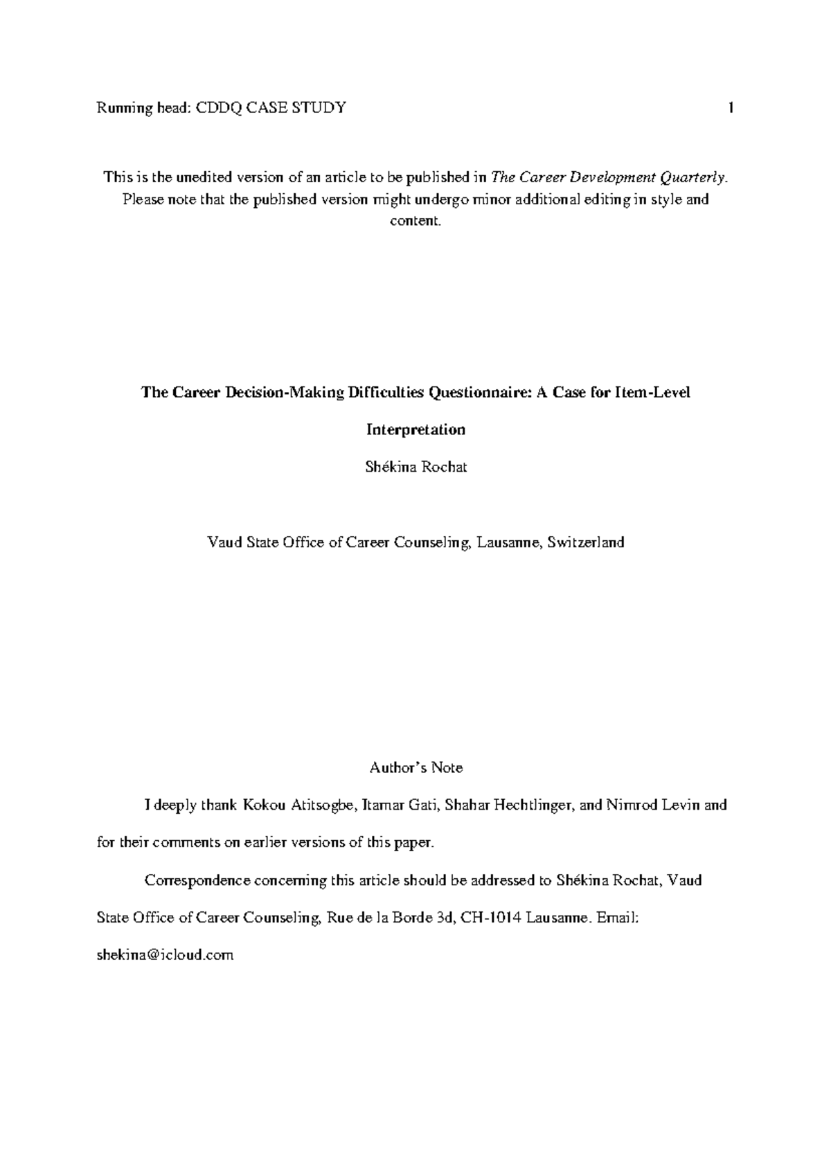 The Career Difficulties Questionnaire (CDDQ) Case Study Analysis - Studocu