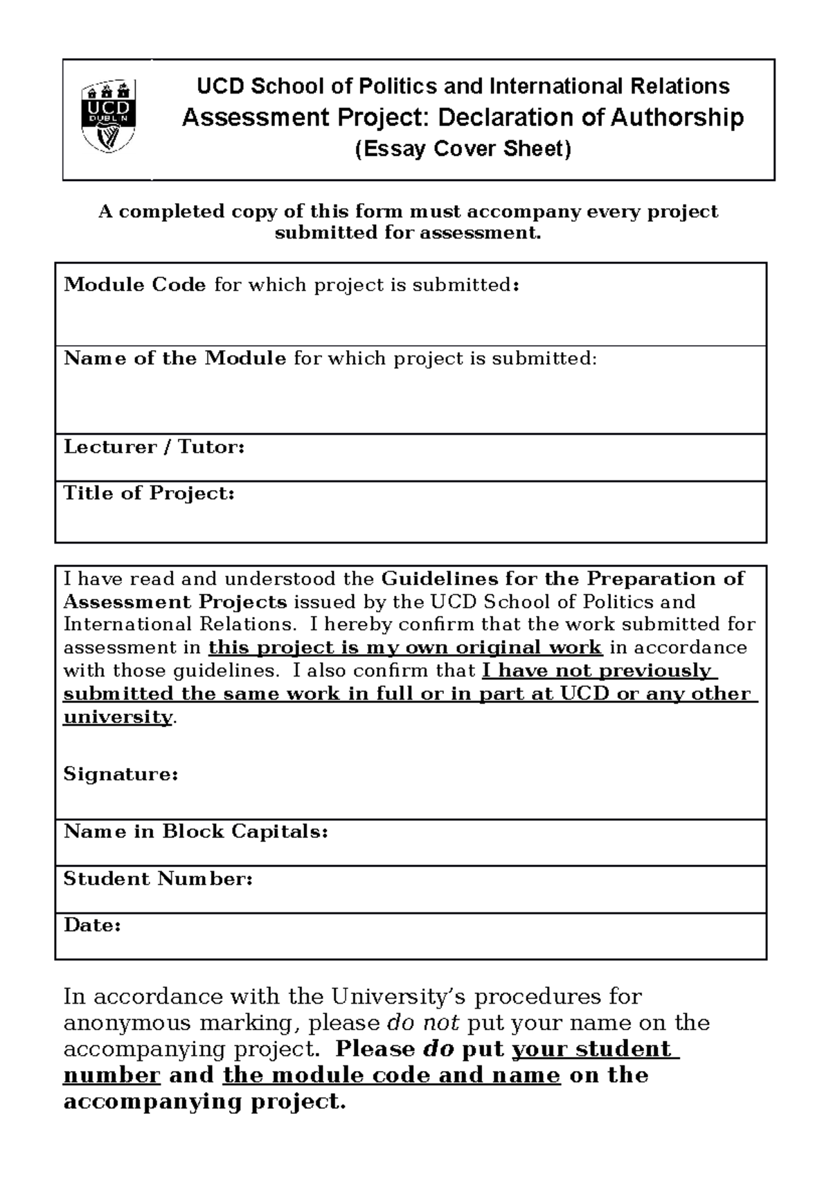 UCD SPIRe Declaration of Authorship Form for Assessment Projects - Studocu