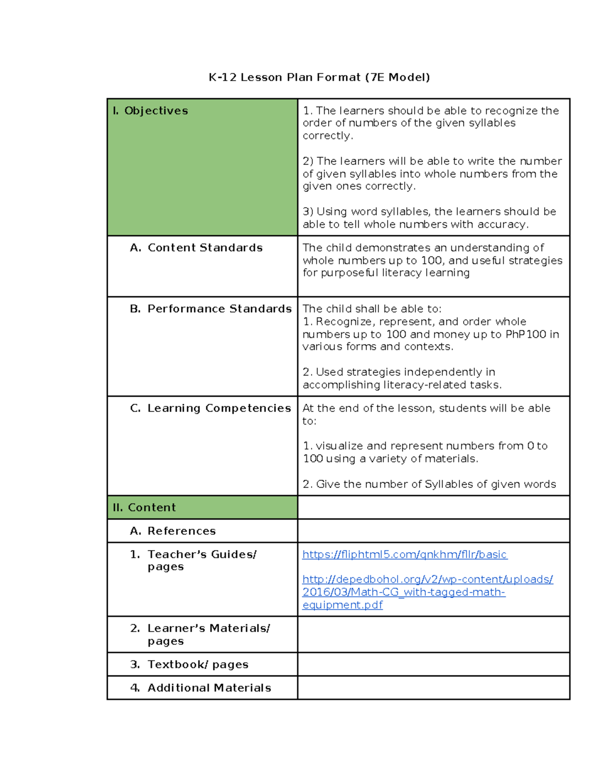 TEAM B Final Lesson PLAN - K-12 Lesson Plan Format (7E Model) I. Objectives 1. The learners ...