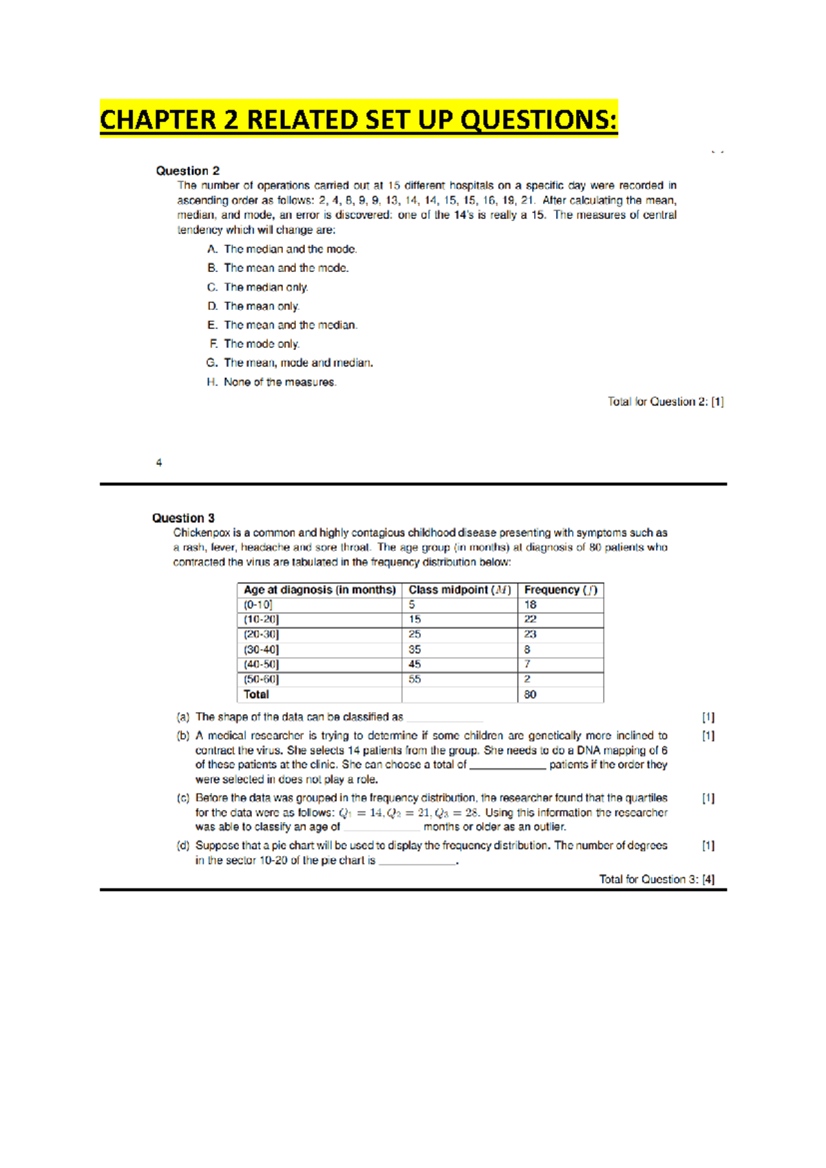 CHAPTER 2 SETUP QUESTIONS: Central Tendency & Frequency Distribution ...