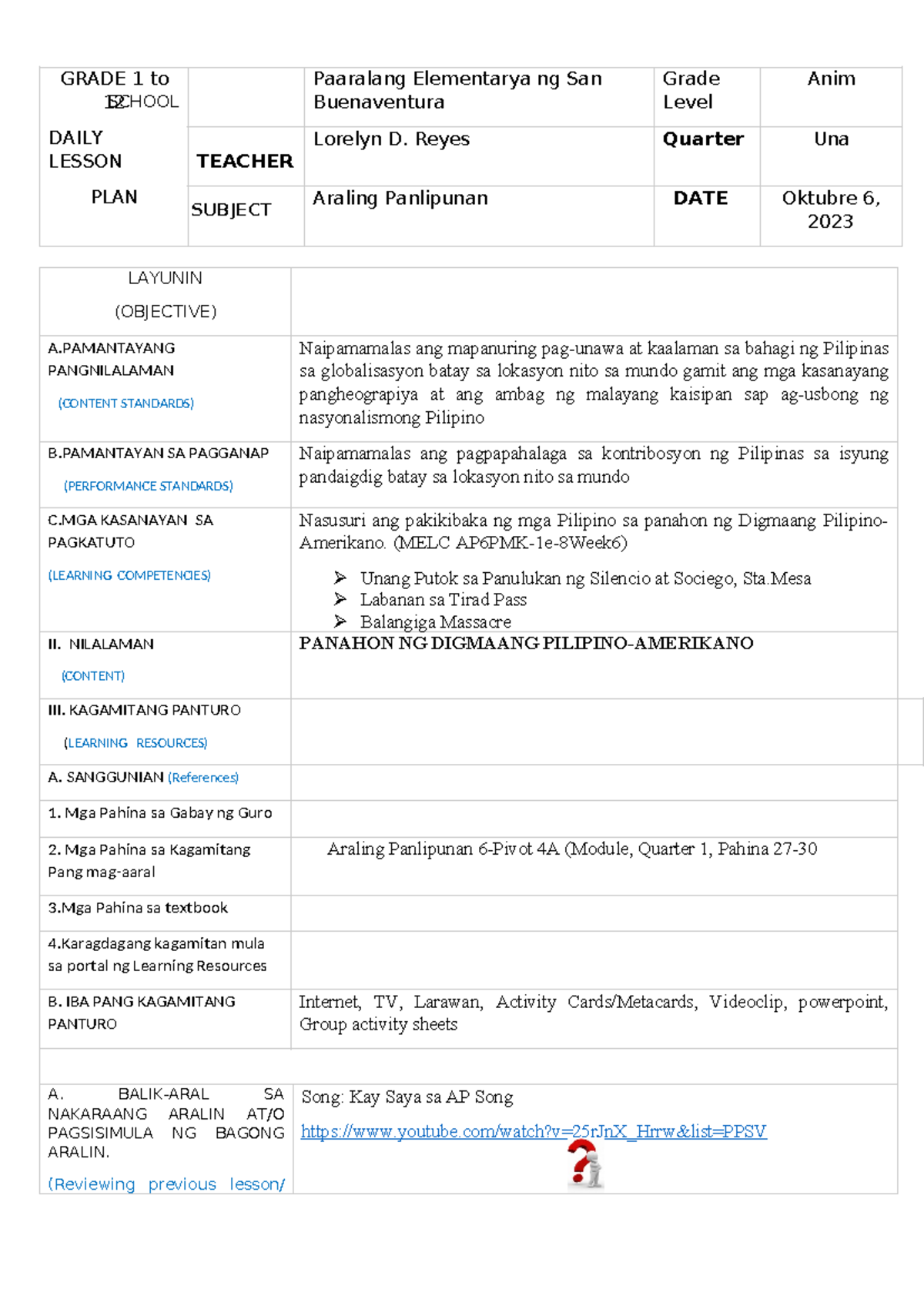 AP 6 COT Q1 W6 - Daily Lesson Plan for Classroom Observation - Studocu