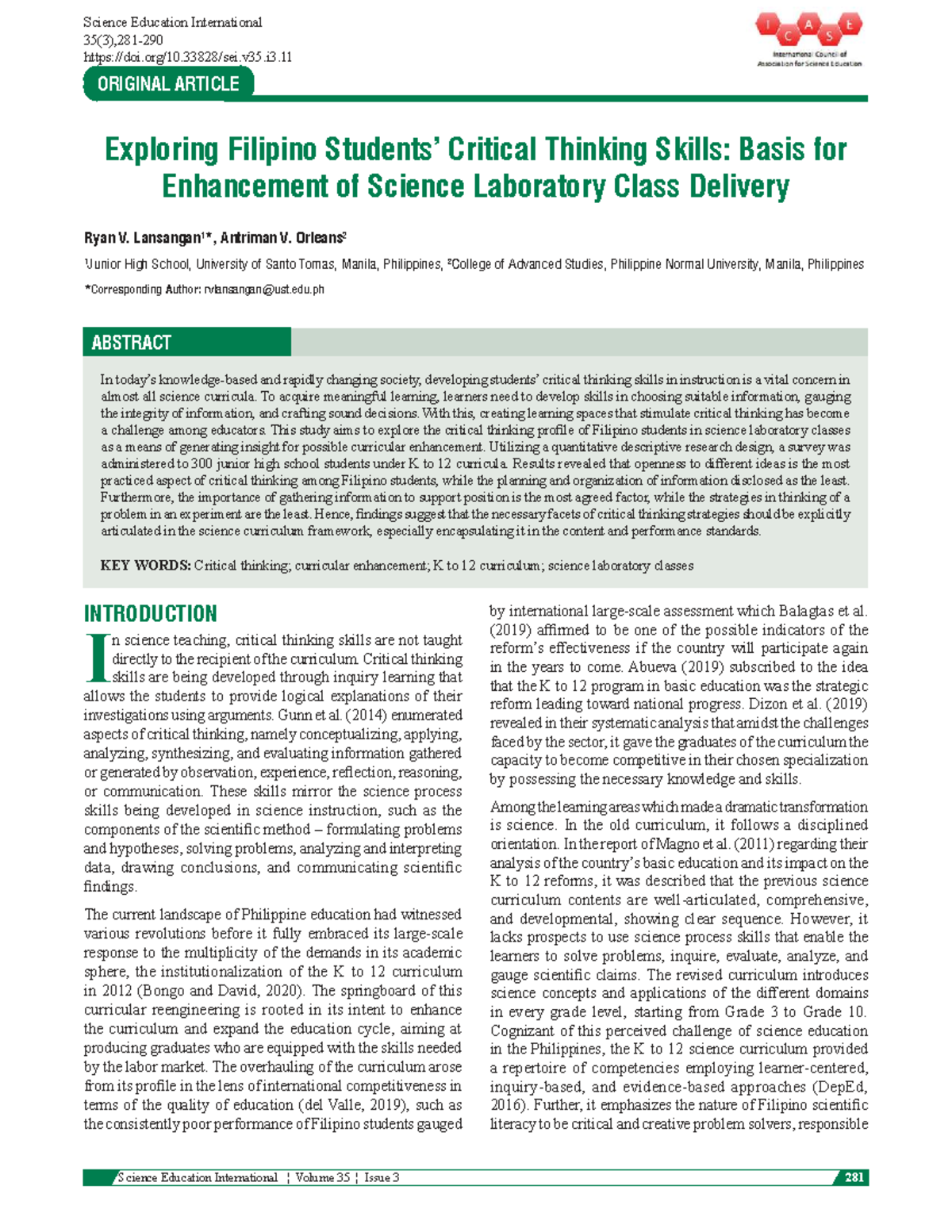 Exploring Critical Thinking Skills in K to 12 Science Labs: A Study ...