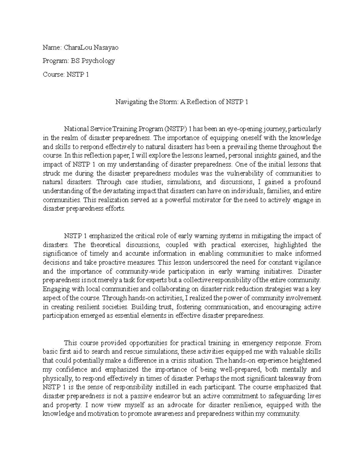 NSTP 1 Reflection: Insights on Disaster Preparedness and Community ...