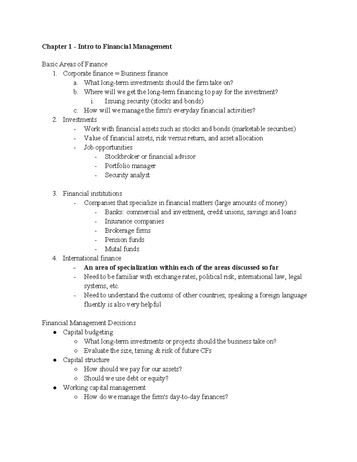 Financial Management Concepts - Chapter 1 Overview (FIN 101) - Studocu