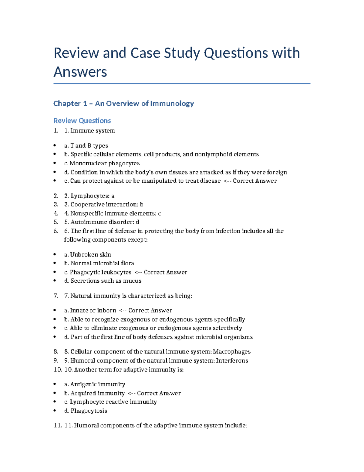 Immunology Case Study & Review Questions: Chapter 1 Overview (IMMU 101 ...