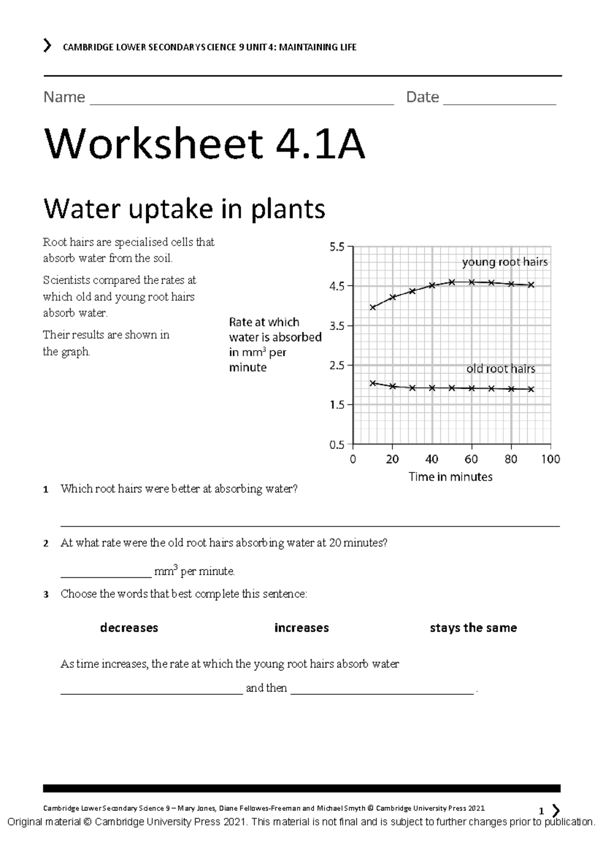 614109276 S9 Unit 4 Science Worksheets on Water Uptake and More - Studocu